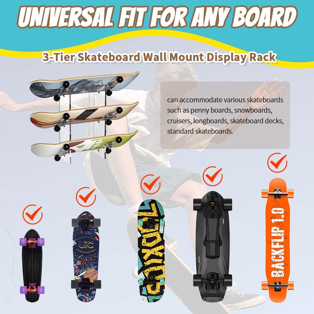 Acrylic 3 Skateboard Display Rack - Wall Mounted Horizontal Skateboard ...